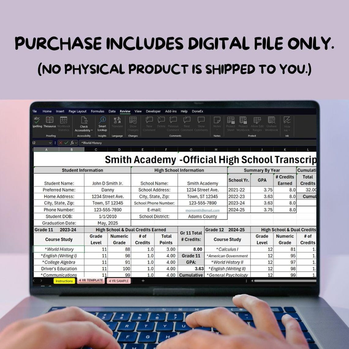 5-year High School Transcript Template | Excel & Google Sheets ...