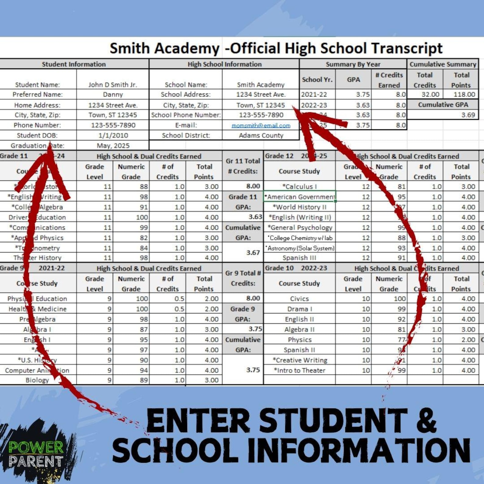 High School Transcript Template With GPA Calculator - Etsy