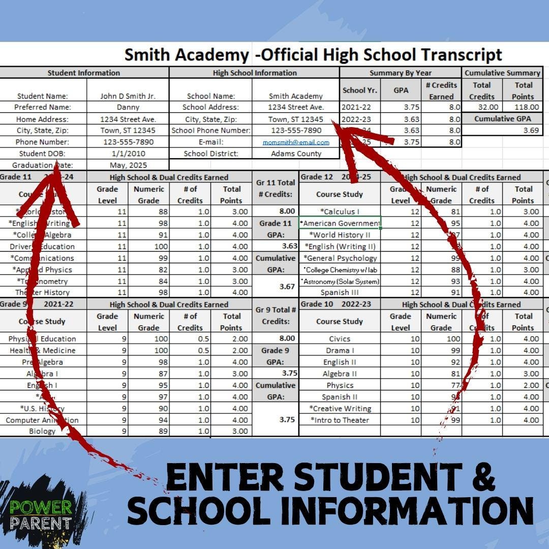 High School Transcript Template With GPA Calculator - Etsy