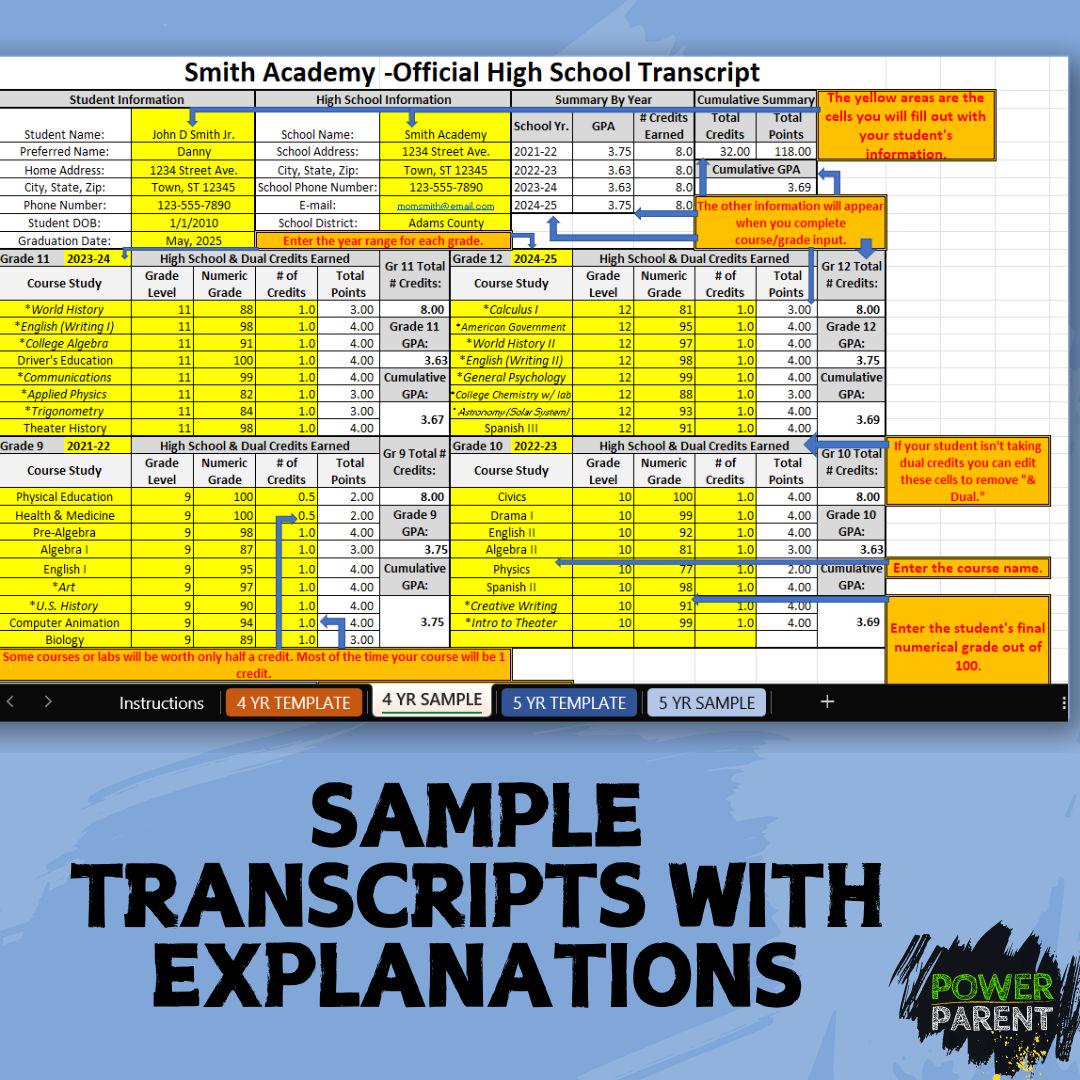 High School Transcript Template With GPA Calculator - Etsy