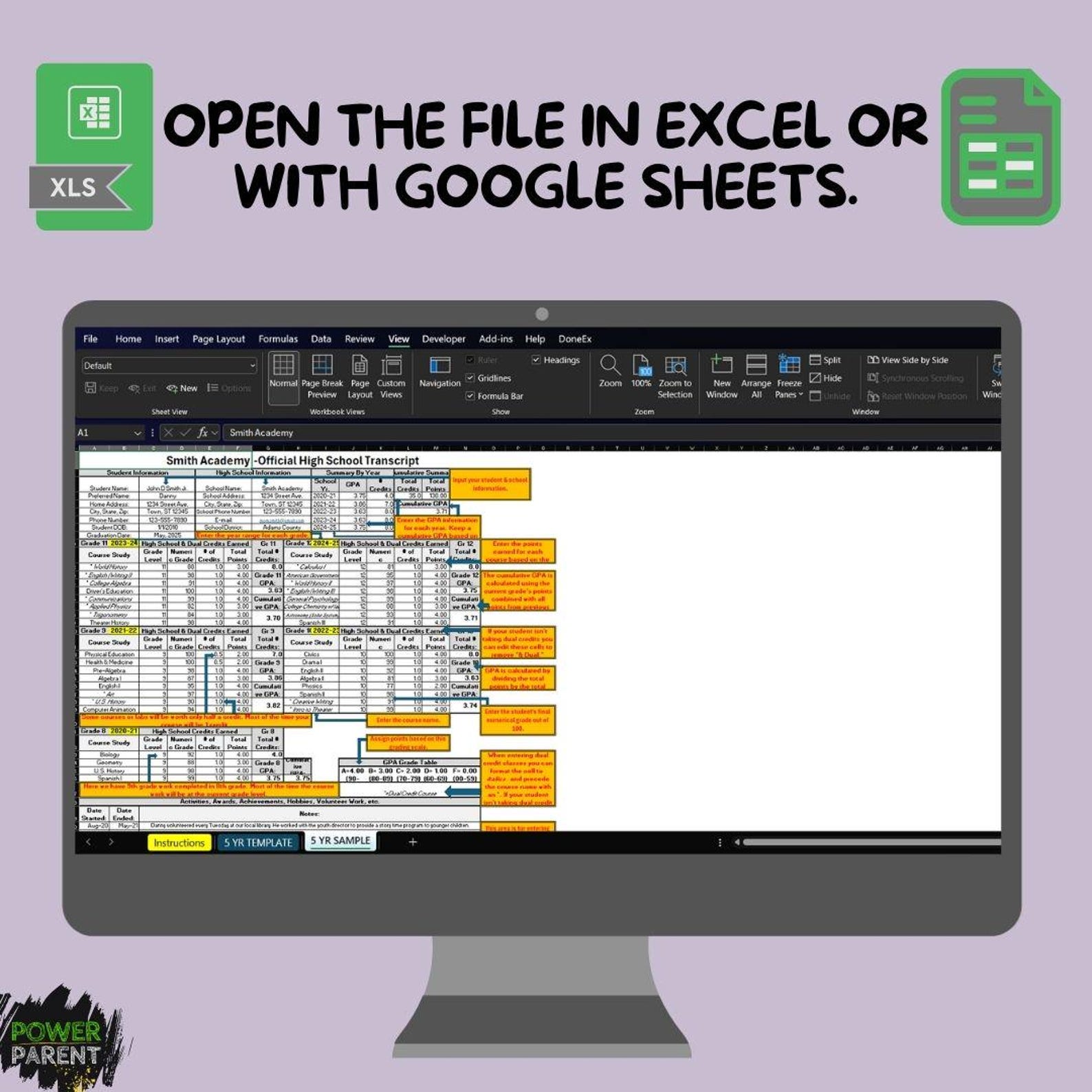5-year High School Transcript Template | Excel & Google Sheets ...