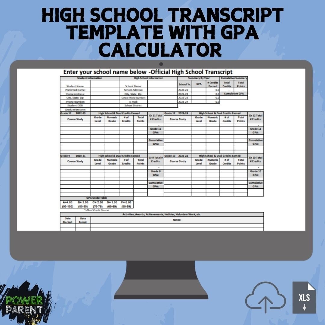 High School Transcript Template With GPA Calculator - Etsy
