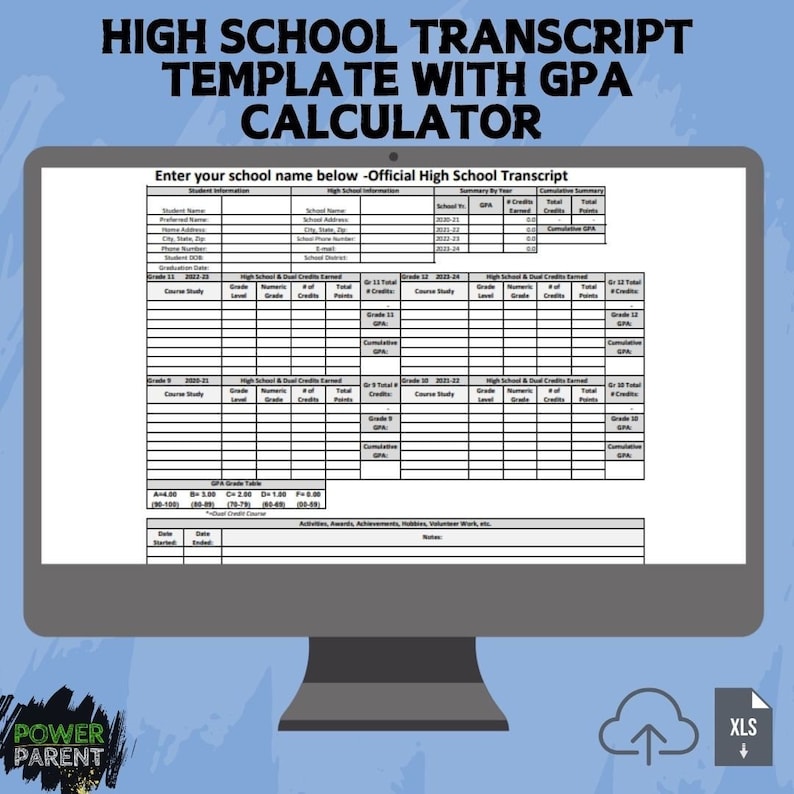 High School Transcript Template With GPA Calculator - Etsy