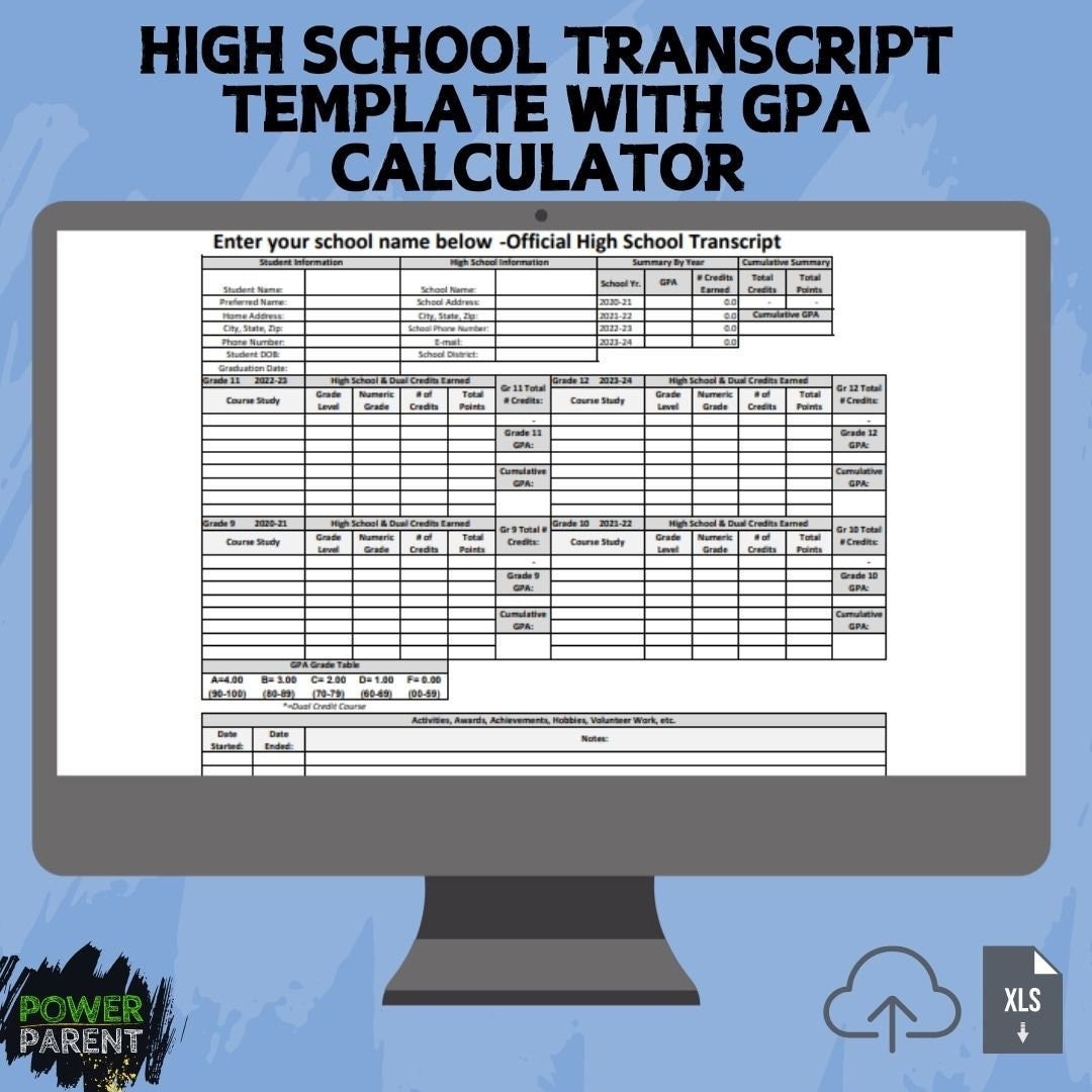 High School Transcript Template With GPA Calculator - Etsy