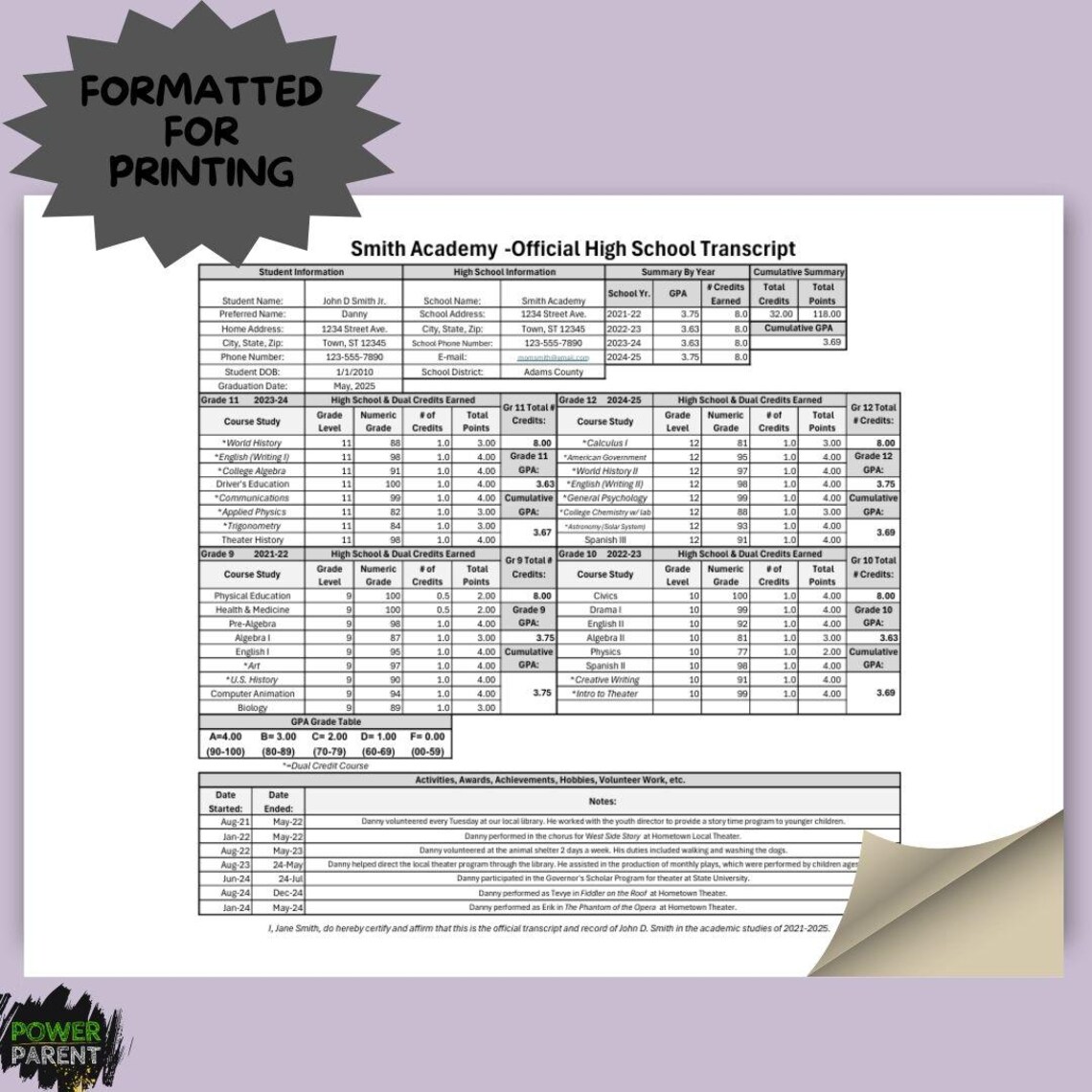 4-year High School Transcript Template | Excel & Google Sheets ...