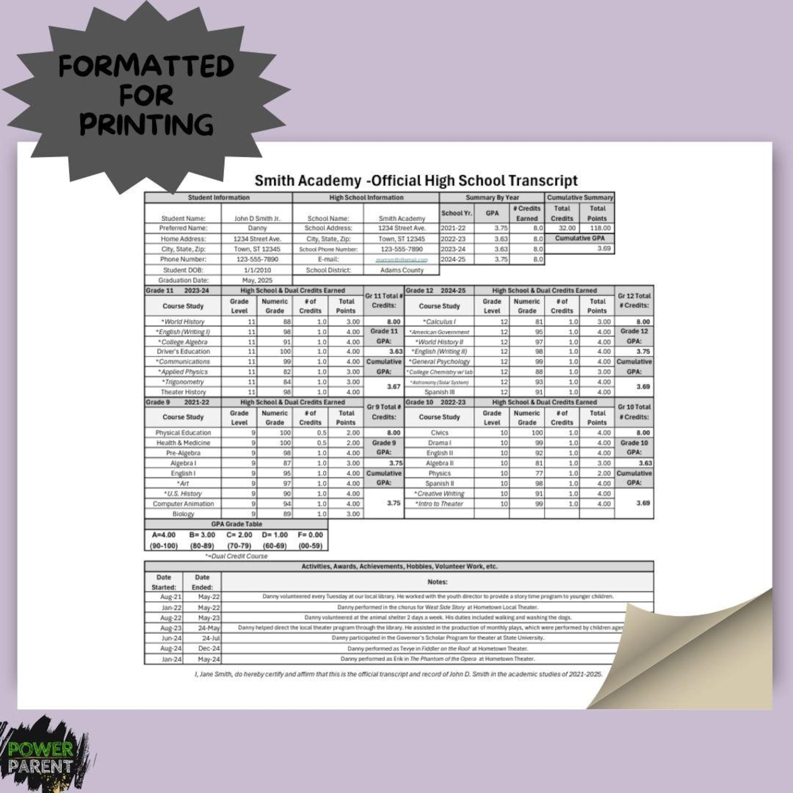 4-year High School Transcript Template | Excel & Google Sheets ...