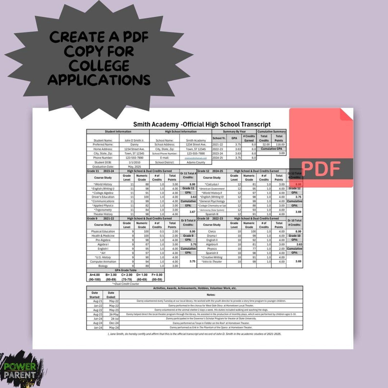 4-year High School Transcript Template | Excel & Google Sheets ...