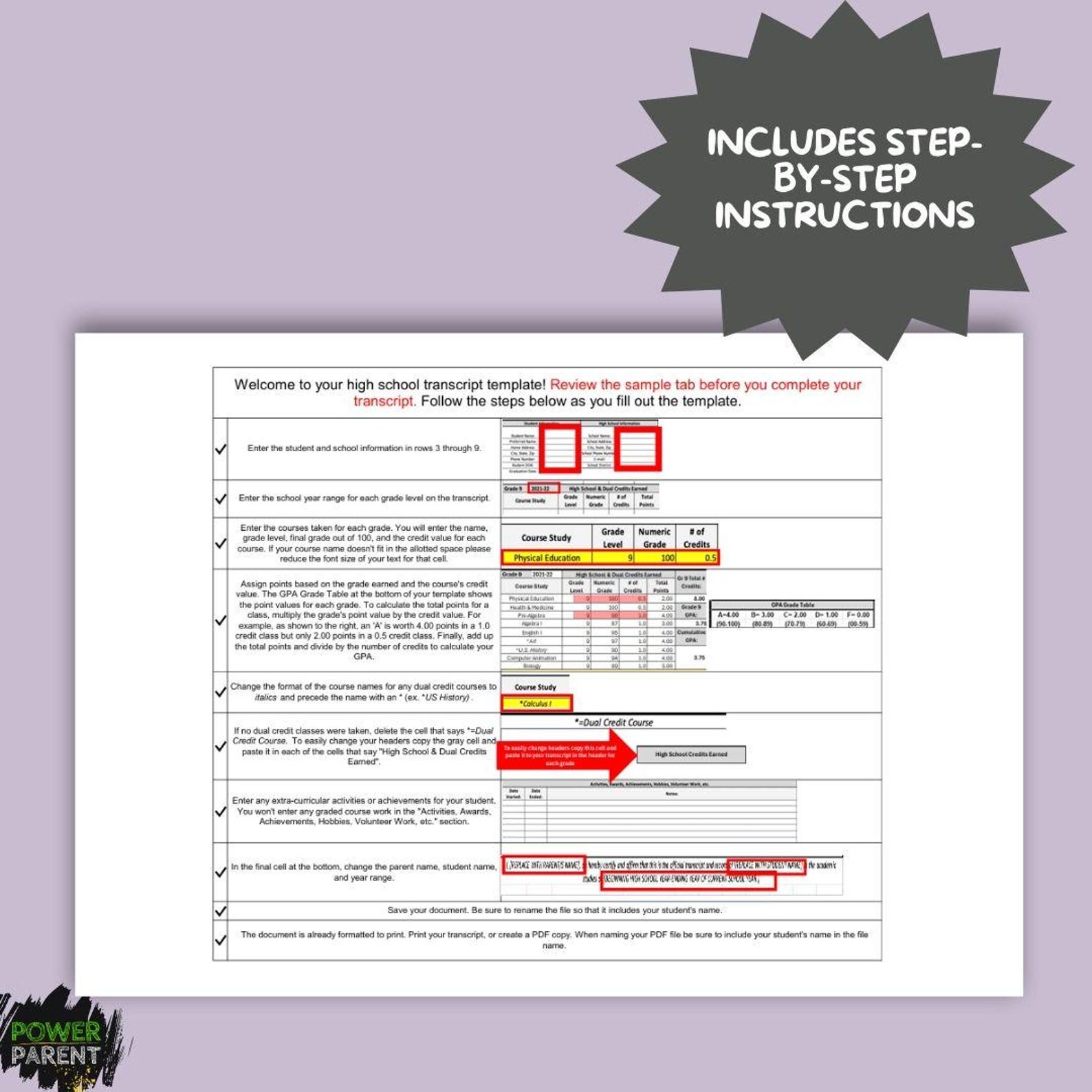 5-year High School Transcript Template | Excel & Google Sheets ...