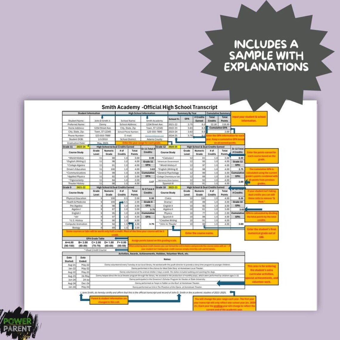4-year High School Transcript Template | Excel & Google Sheets ...