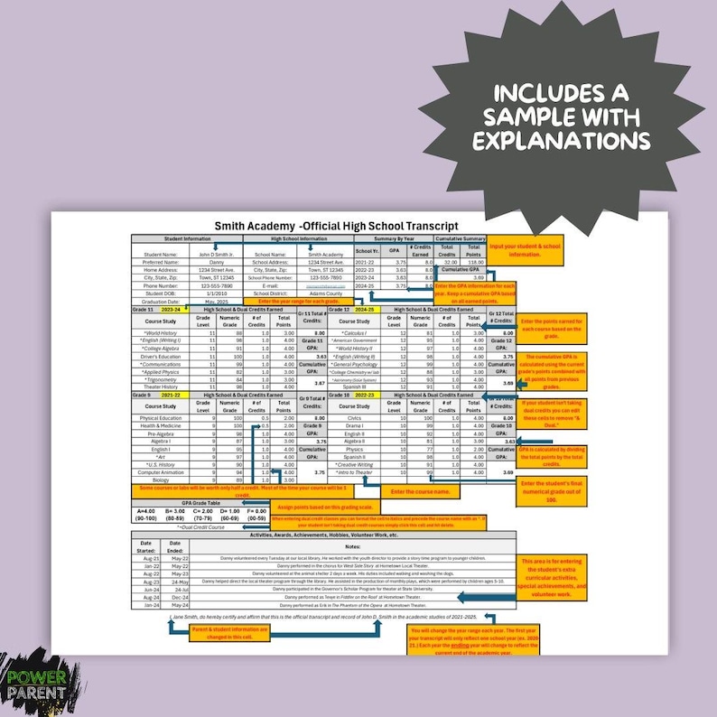 4-year High School Transcript Template | Excel & Google Sheets ...