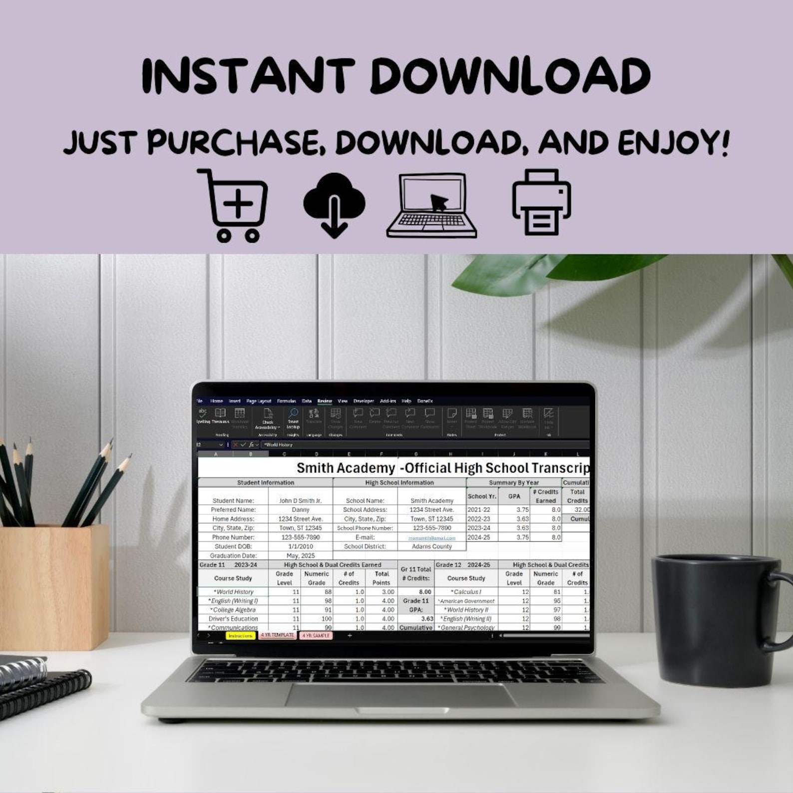 5-year High School Transcript Template | Excel & Google Sheets ...