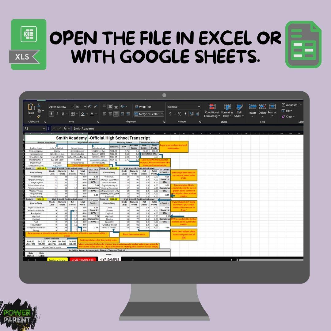 4-year High School Transcript Template | Excel & Google Sheets ...