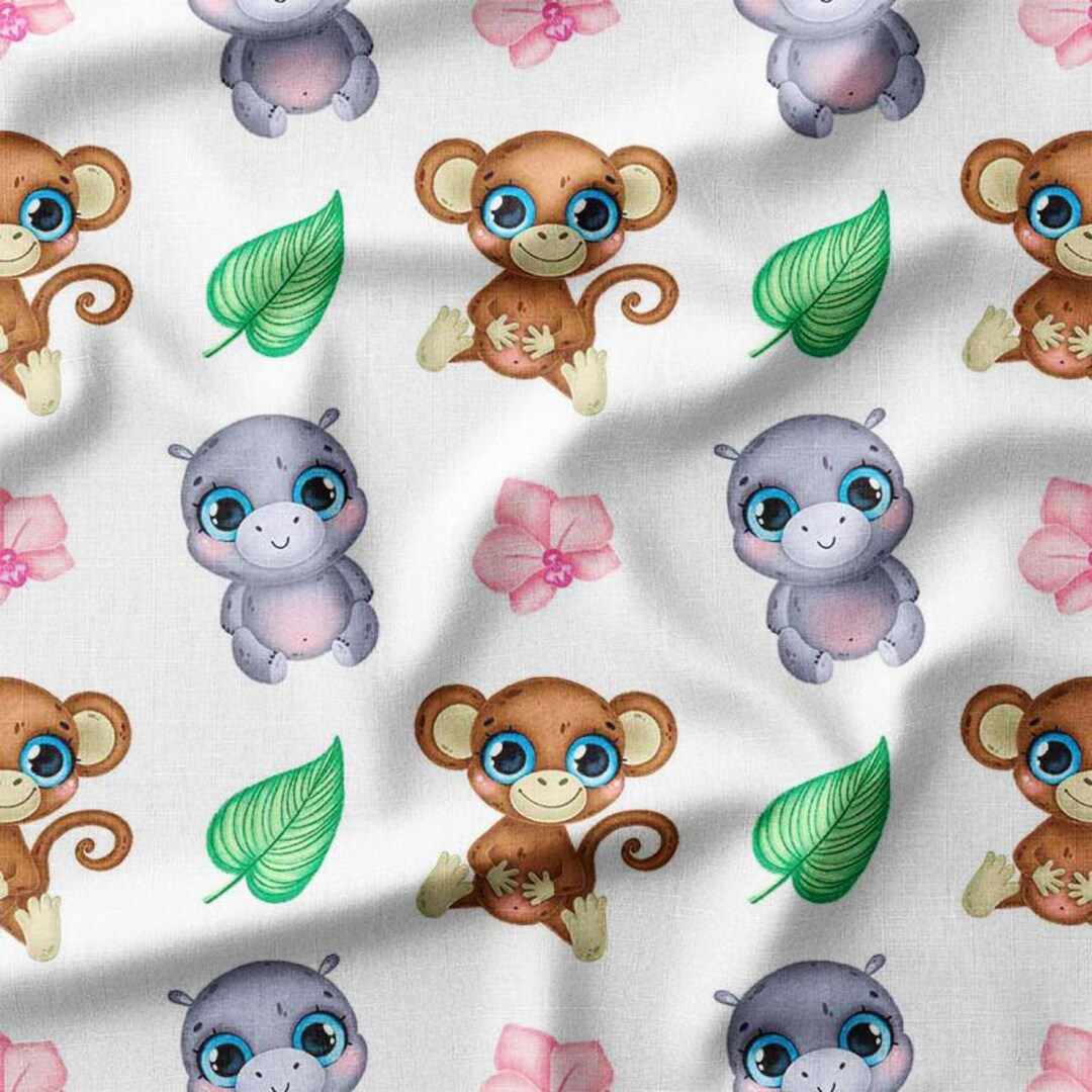 Monkeys and Hippos With Flowers and Leaves Cotton Fabric by the Yard ...