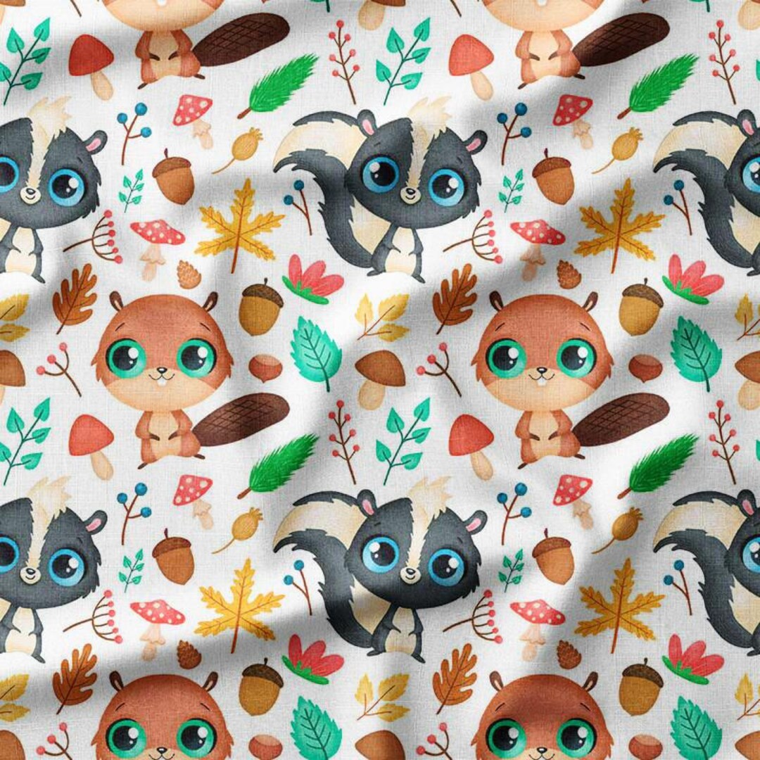 Woodland Creatures Cotton Fabric by the Yard Cute Skunks, Beavers, and ...