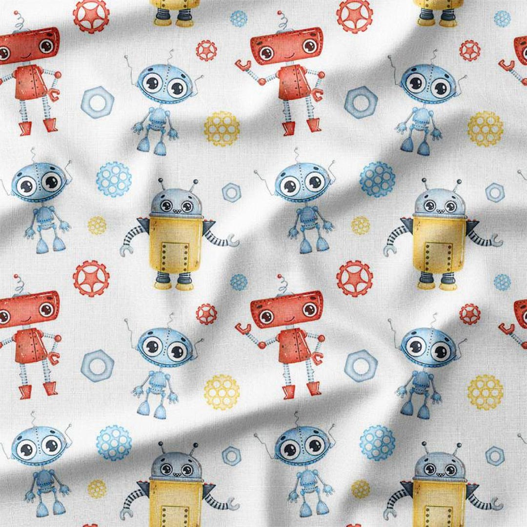 Colorful Robots With Gears Cotton Fabric by the Yard - Fun Red, Blue ...