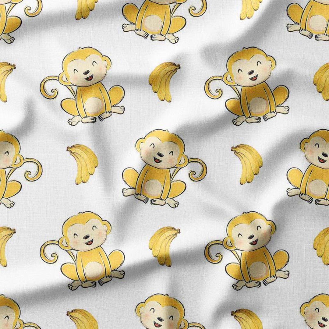 Adorable Yellow Monkeys With Bananas on White Cotton Fabric by the Yard ...