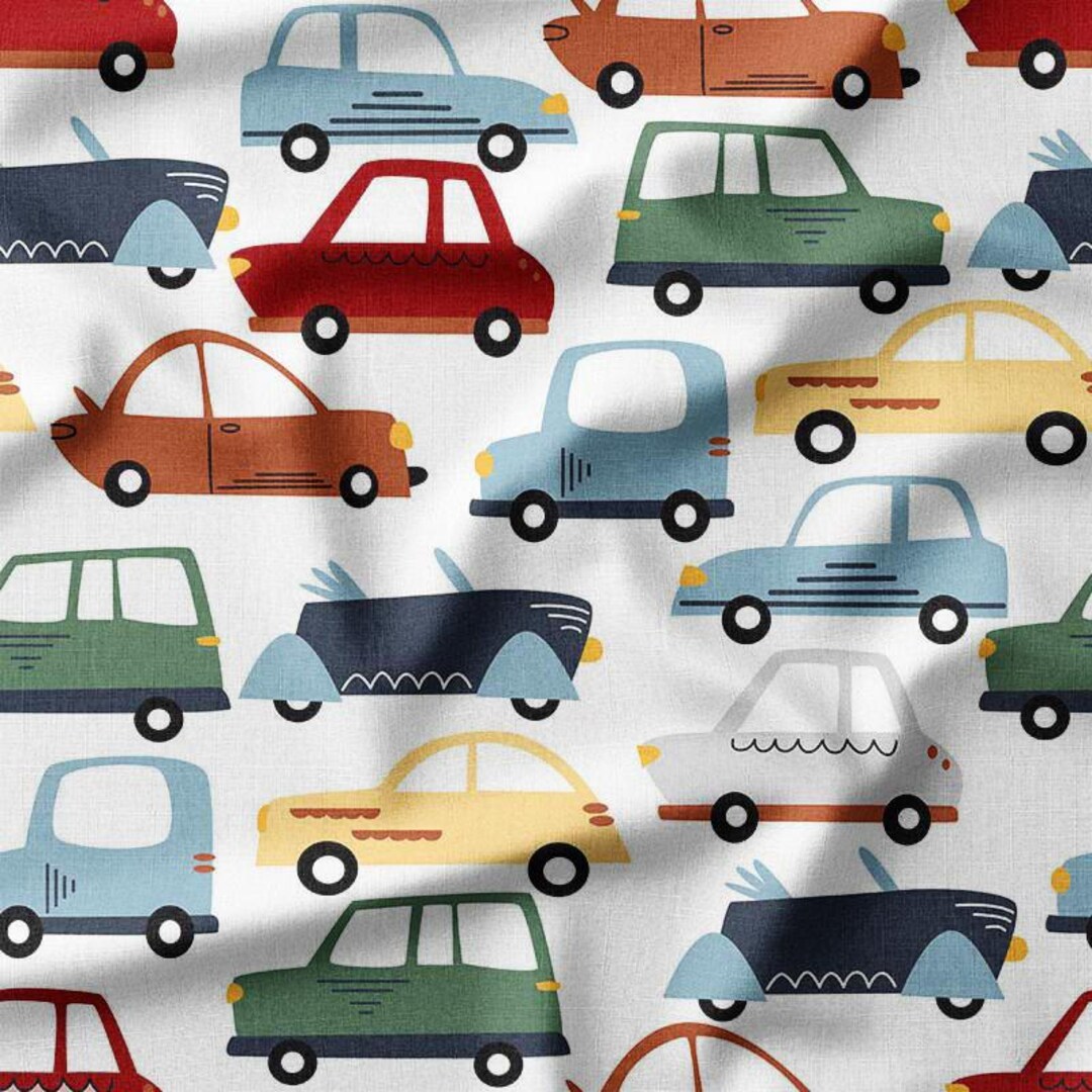 Fabric by the Yard Colorful Cars Pattern, Available in Cotton, Linen ...