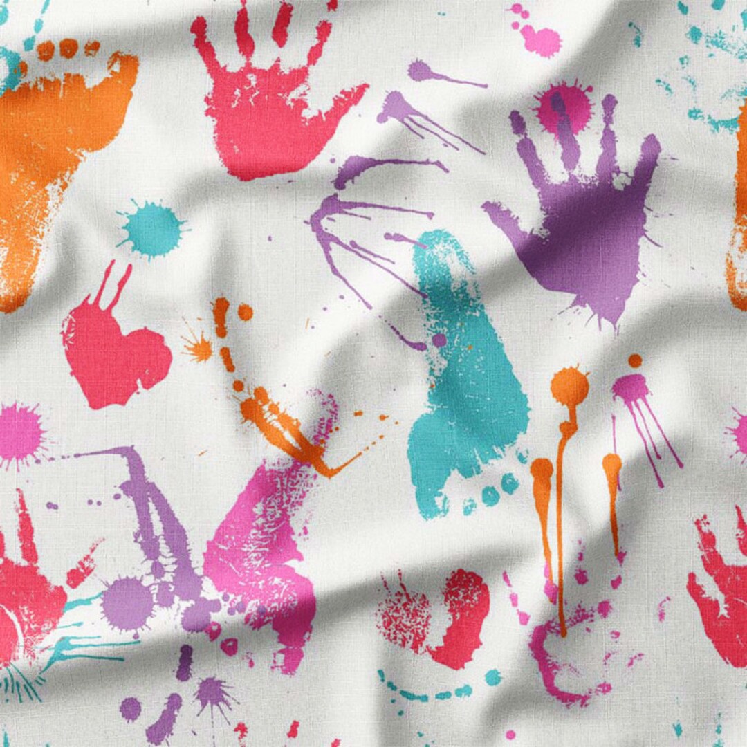 Colorful Handprints and Footprints on White Cotton Fabric by the Yard ...