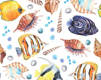 Deep Blue Sea Cotton Fabric: Colorful Ocean Fish Print - Etsy
