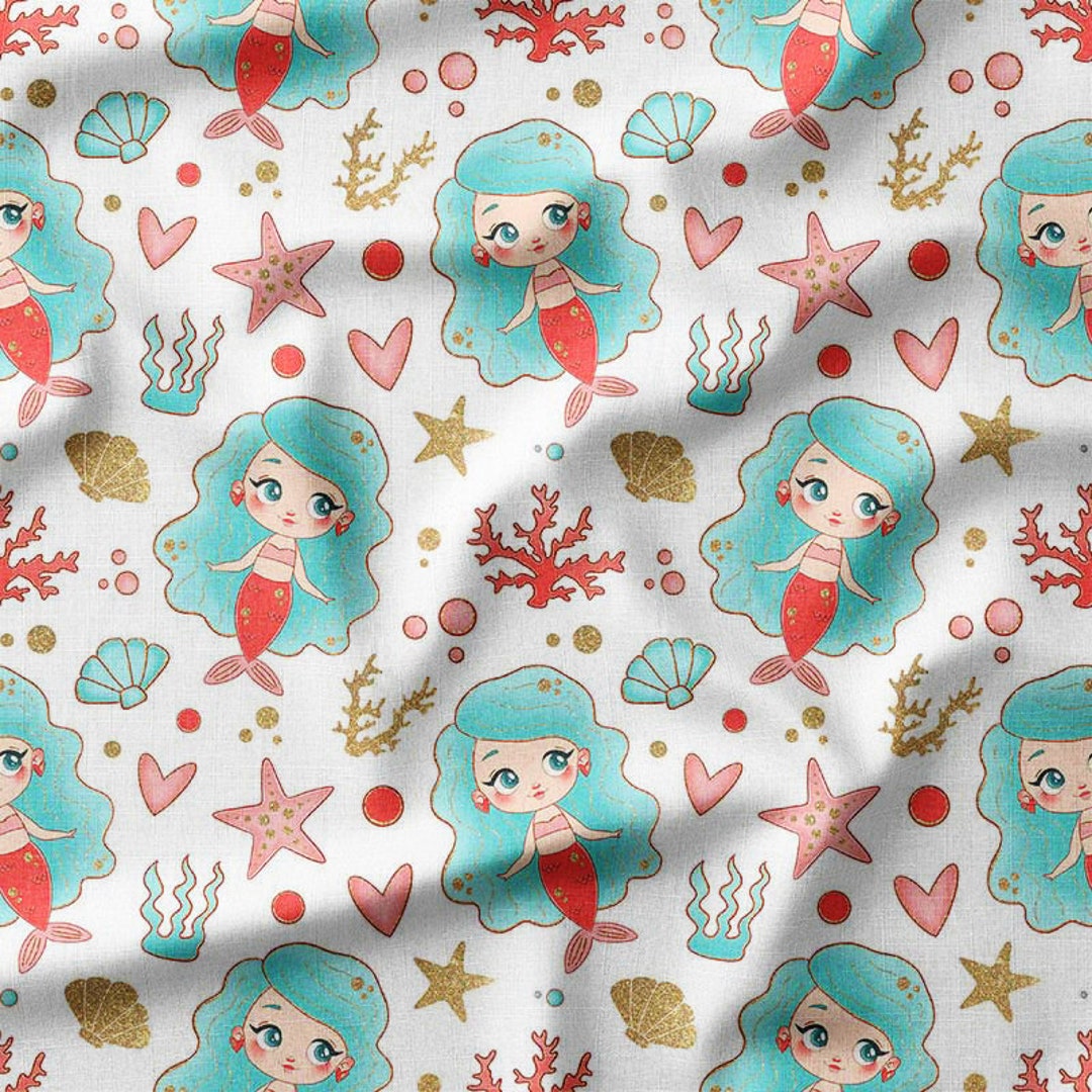 Under the Sea Mermaid Cotton Fabric by the Yard – Cute Blue-haired ...