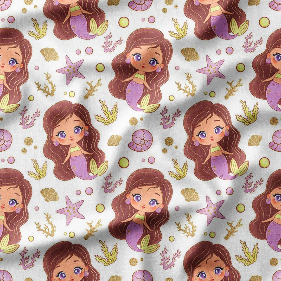 Purple Mermaid Cotton Fabric by the Yard Lovely Brown-haired Mermaids ...