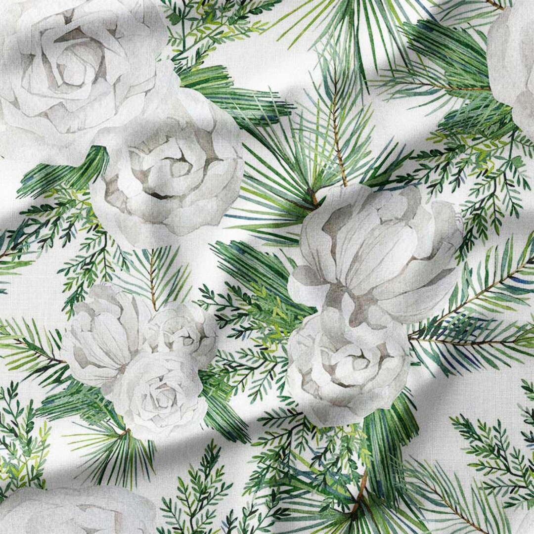 Cotton Fabric by the Yard - White Roses and Evergreen Foliage on White ...