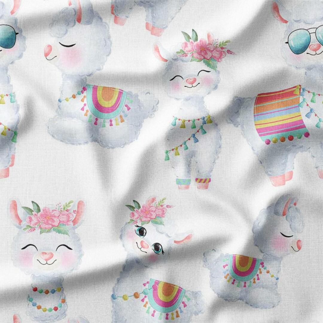 Alpacas Cotton Fabric by the Yard Cute Alpacas With Flowers and ...