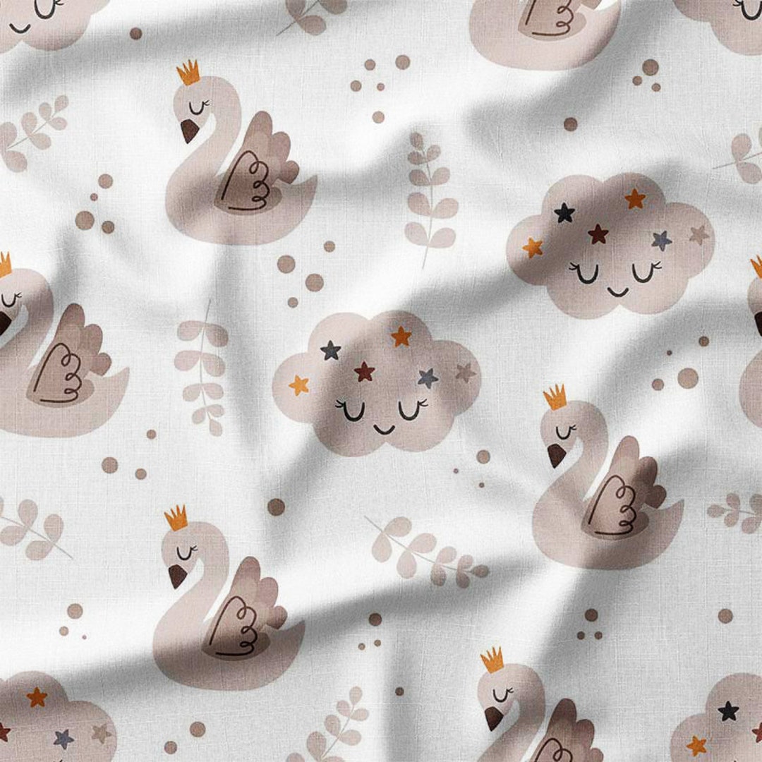 Grey Beige Swans and Clouds on a White Background Printed Cotton Fabric ...