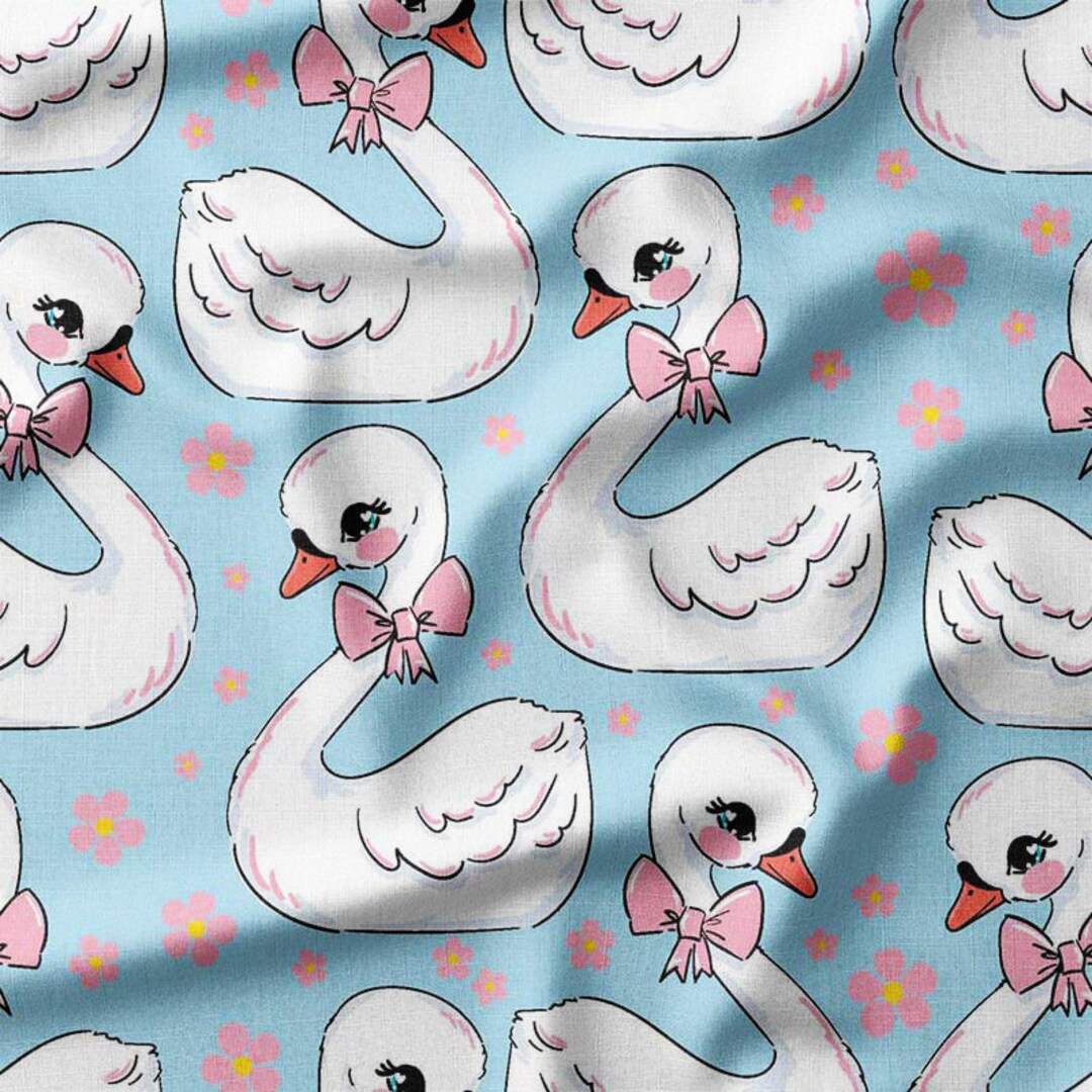 Charming Swans With Pink Bows and Flowers on Blue Cotton Fabric by the ...
