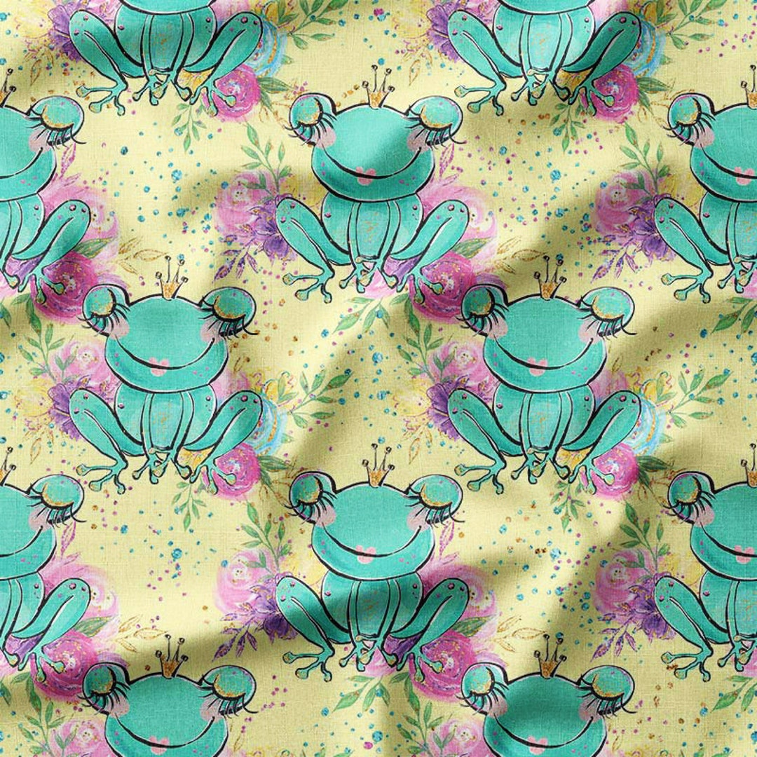 Adorable Green Frogs With Crowns and Flowers on Yellow Cotton Fabric by ...