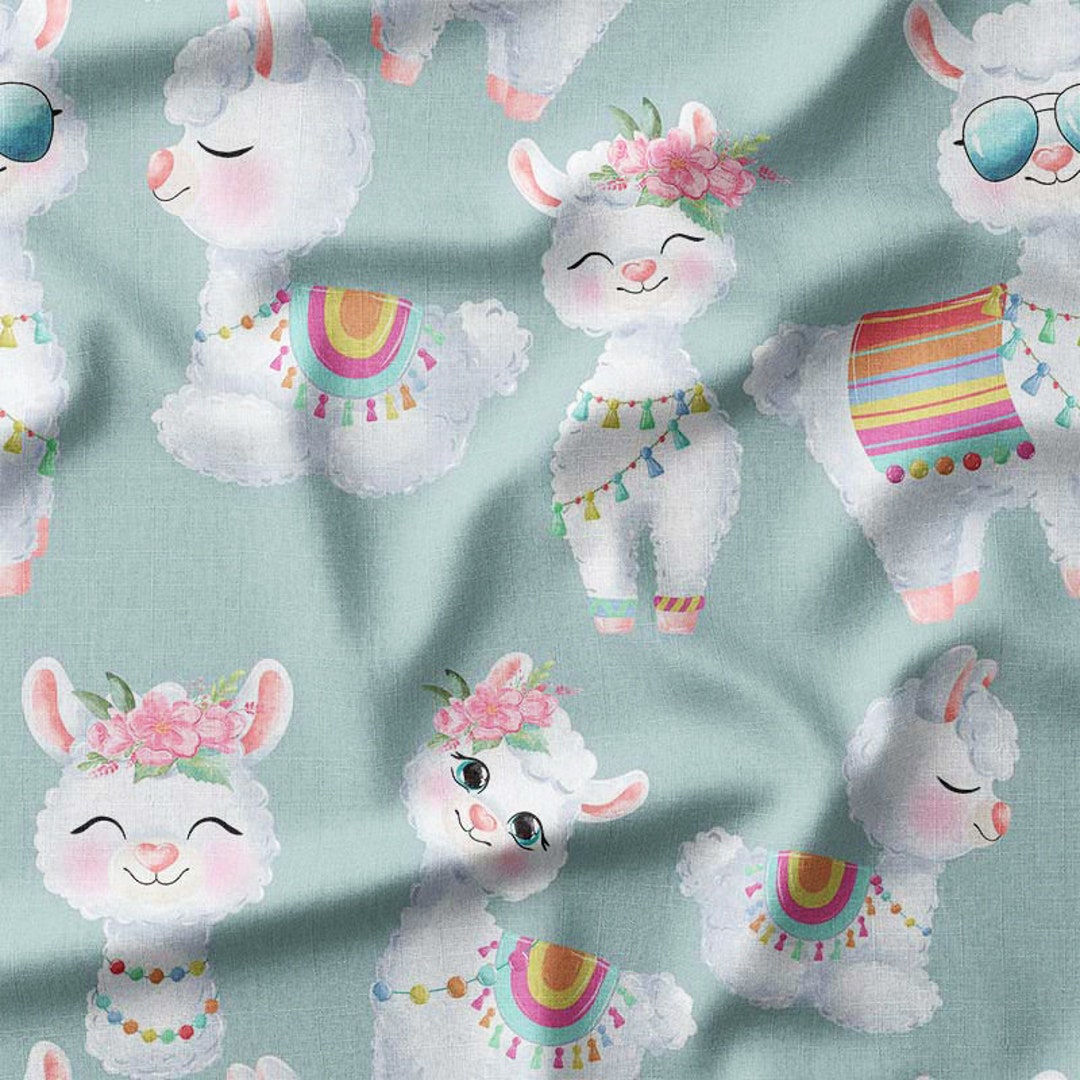 Cute Alpacas Cotton Fabric by the Yard Alpacas With Flowers and ...