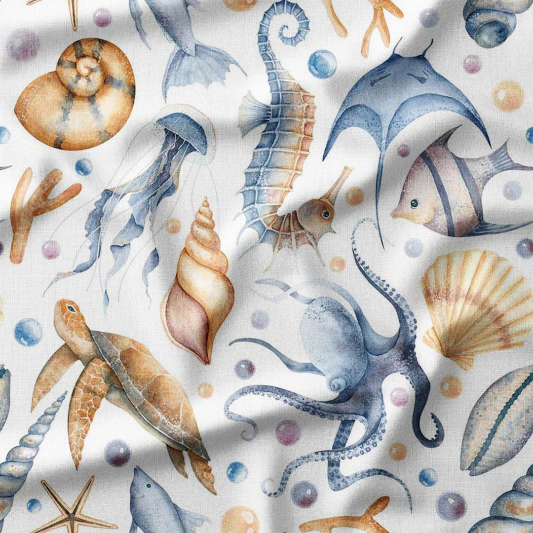 Underwater Sea Creatures and Shells Watercolor Cotton Fabric by the ...