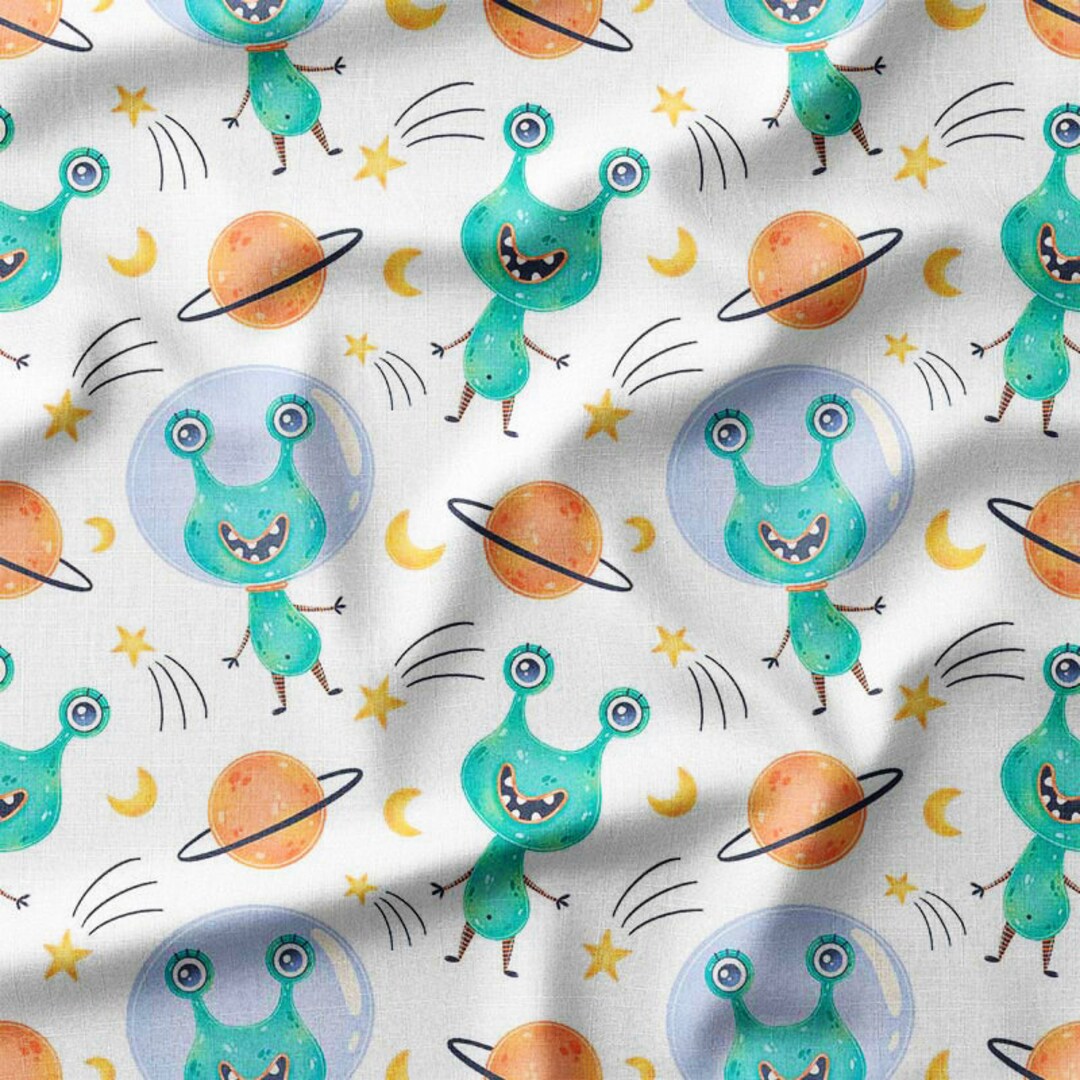 Fun Alien Cotton Fabric by the Yard – Cute Green Aliens With Planets ...