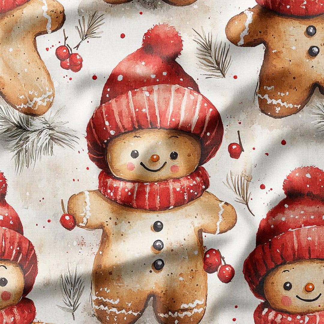Gingerbread Men in Red Winter Hats With Pine Branches on White Cotton ...