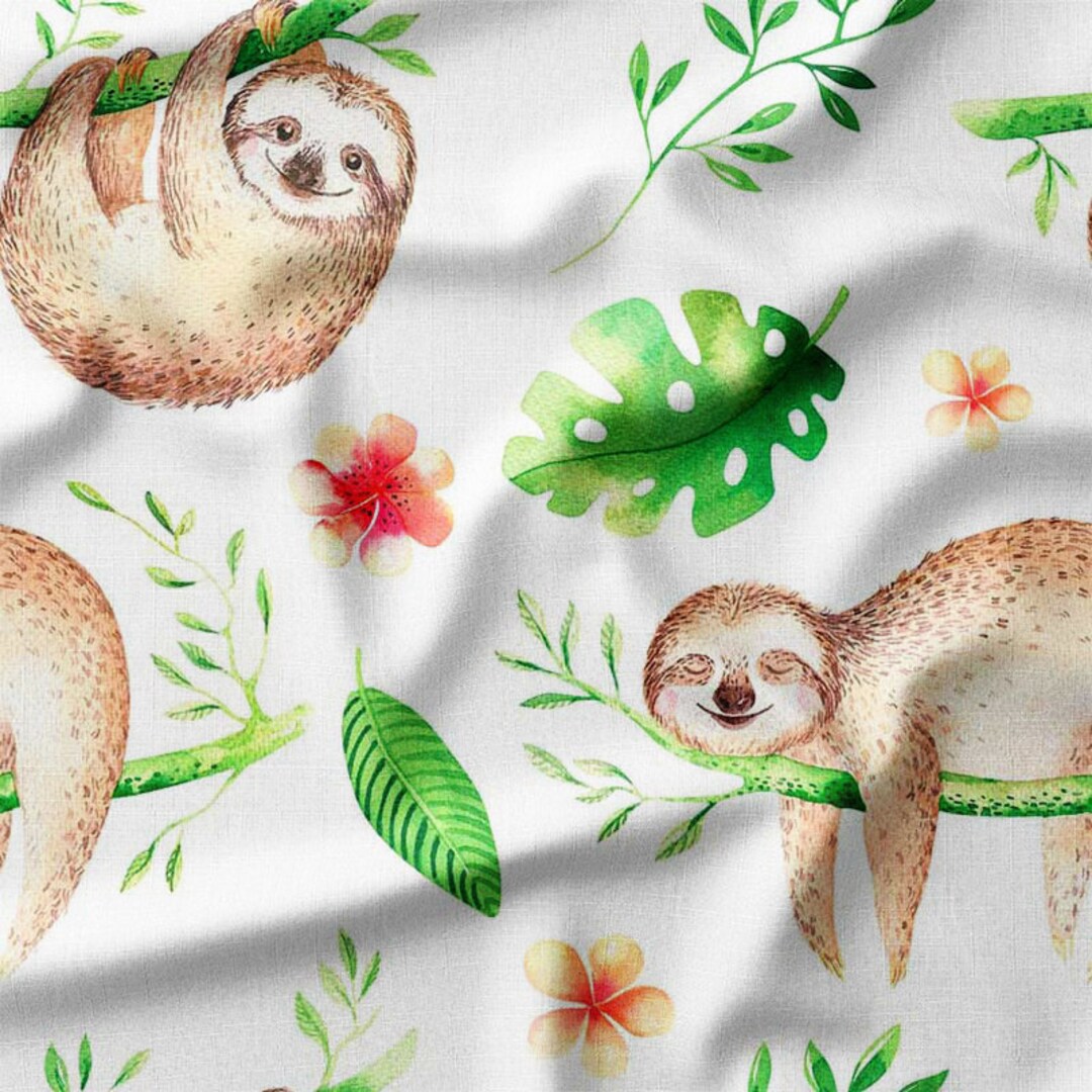 Cotton Fabric by the Yard - Adorable Sloths With Tropical Leaves and ...