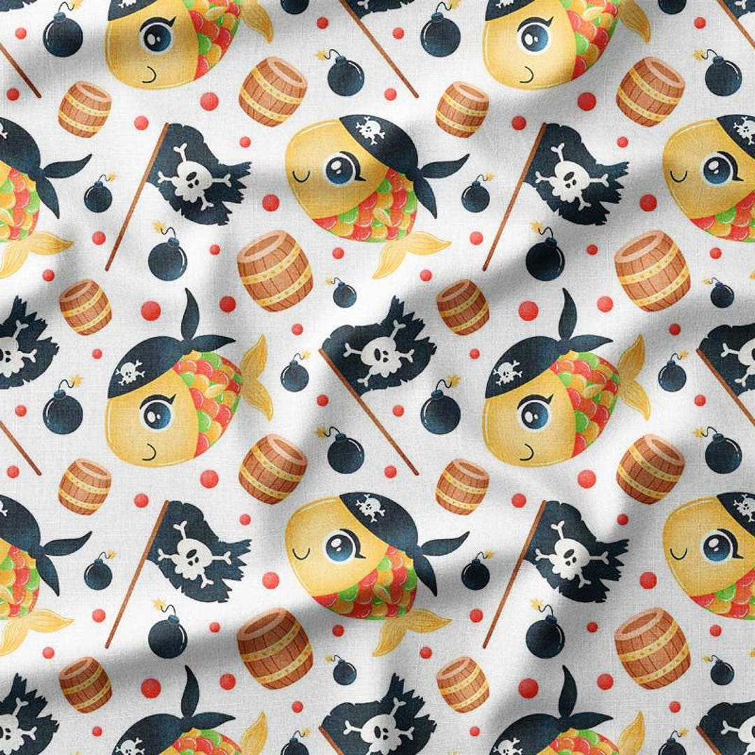 Pirate Fish Cotton Fabric by the Yard – Fun Pirate Fish With Barrels ...