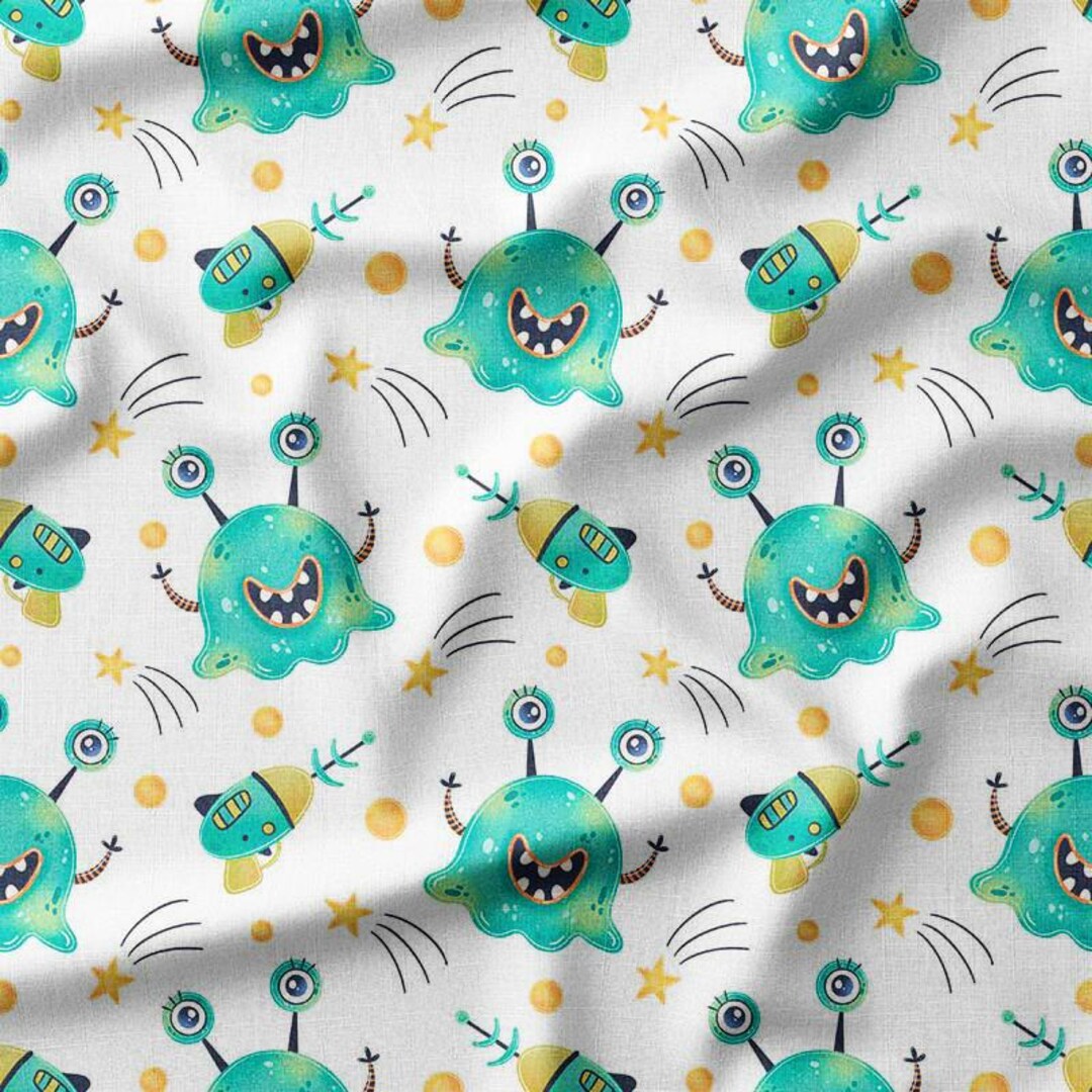 Alien Spaceship Cotton Fabric by the Yard – Fun Aliens With Spaceships ...