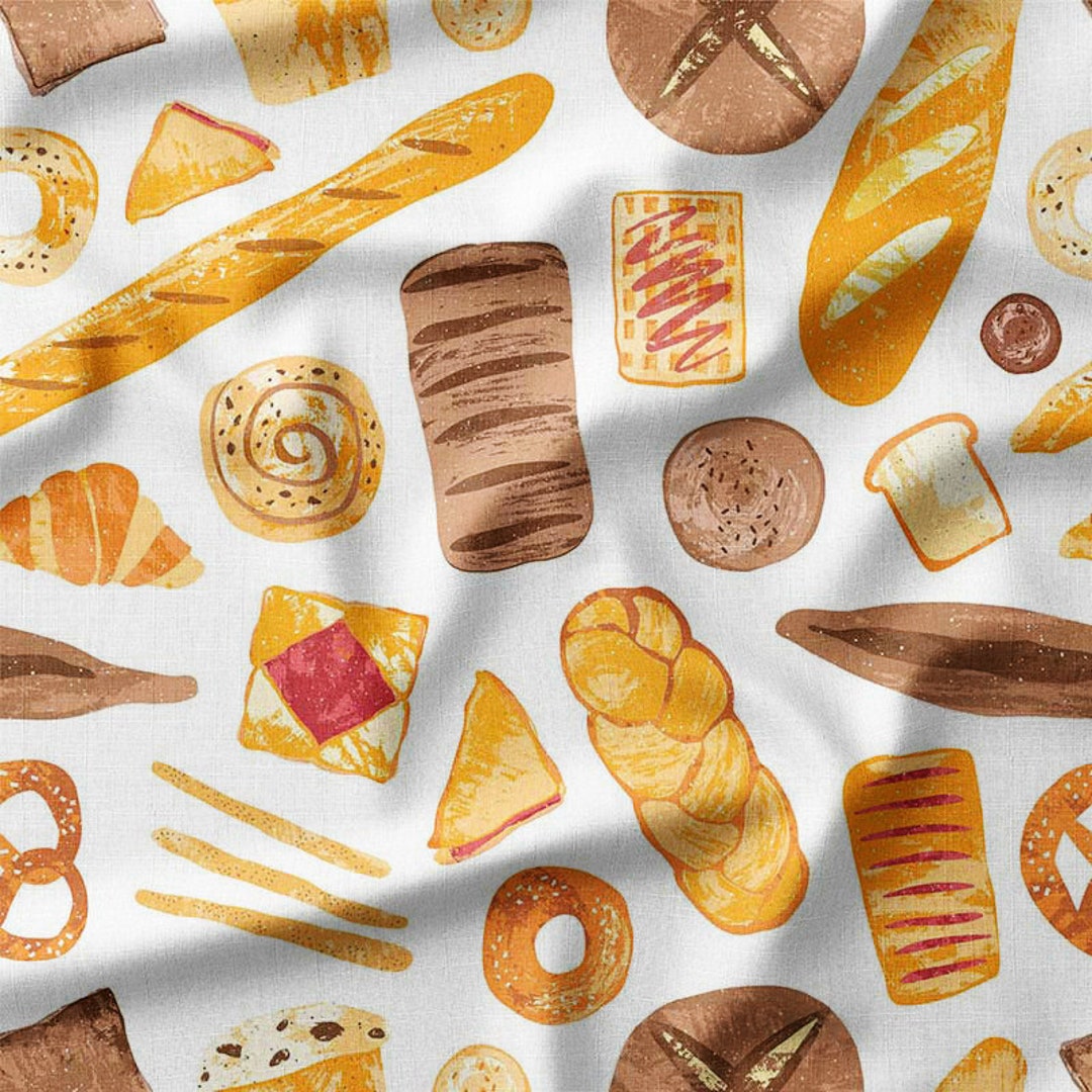 Bakery Bread and Pastries on White Cotton Fabric by the Yard - Fun and ...