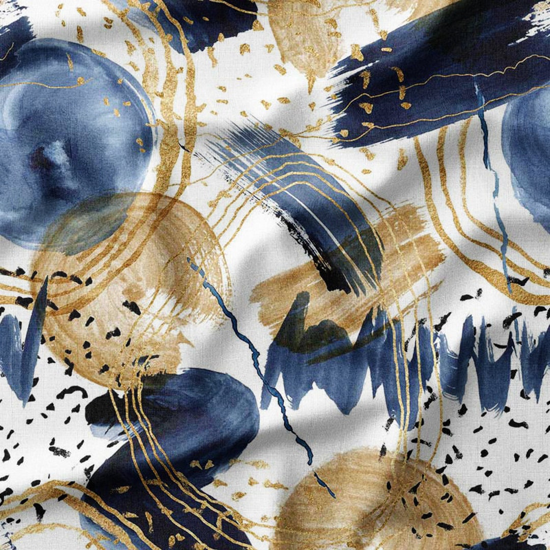 Abstract Blue and Gold Brush Strokes on White Cotton Fabric by the Yard ...