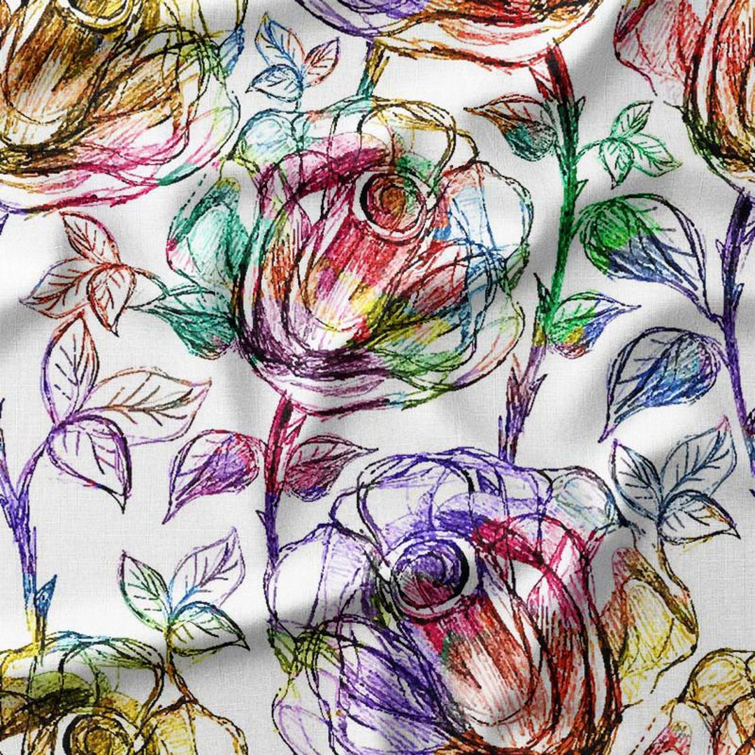 Abstract Scribble Roses Cotton Fabric by the Yard - Multicolor Artistic ...