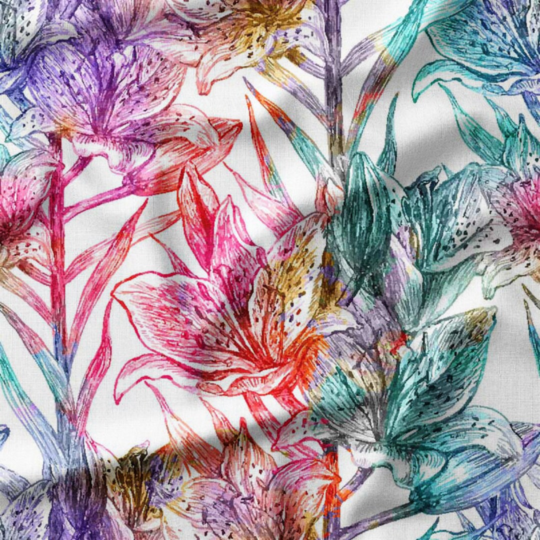 Colorful Sketch Lilies Cotton Fabric by the Yard - Artistic Floral ...