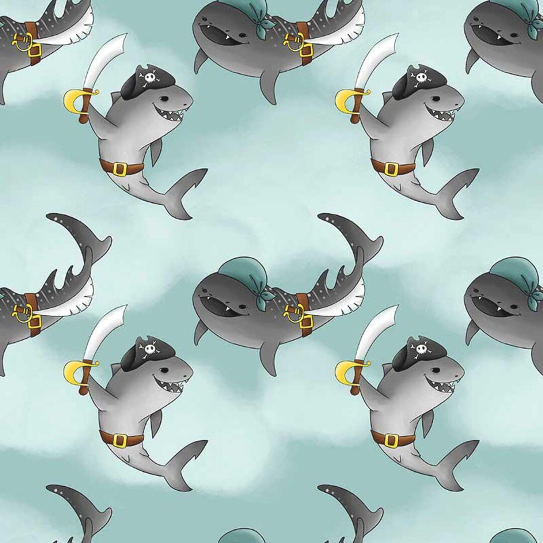 Cotton Fabric by the Yard Pirate Sharks Pattern, Fun Ocean Kids Design ...