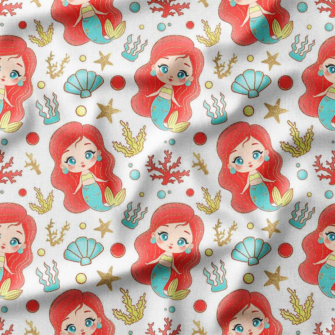 Mermaid Cotton Fabric by the Yard – Cute Mermaids With Seashells and ...