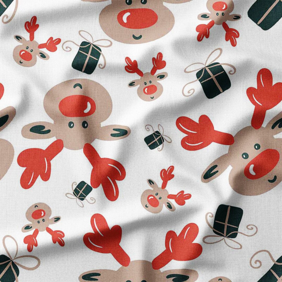 Reindeer Christmas Cotton Fabric by the Yard Cute Animal Red-nosed ...