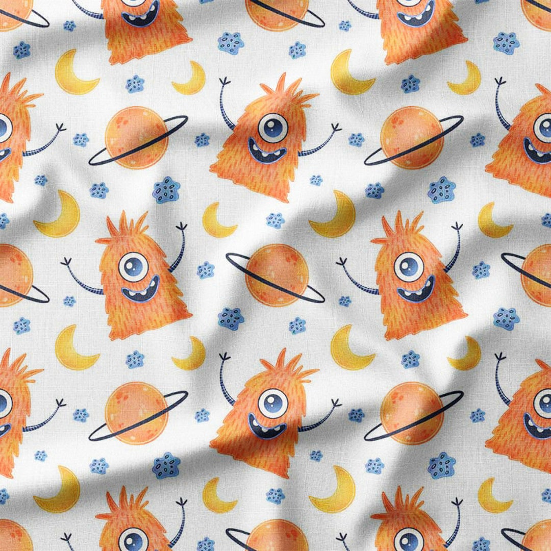 Furry Alien Cotton Fabric by the Yard Fun Orange Aliens With Planets ...
