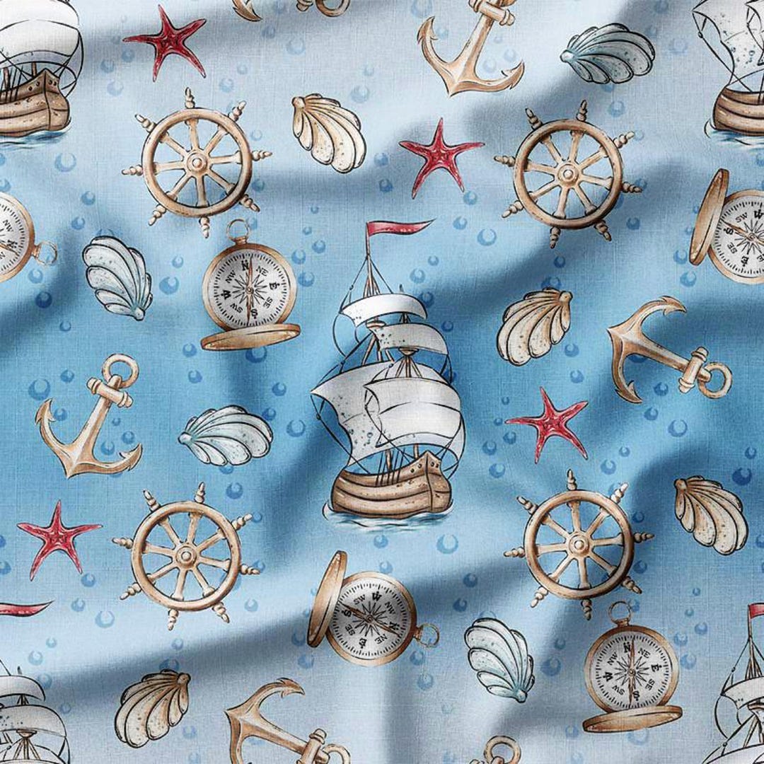 Nautical Ships and Anchors Cotton Fabric by the Yard - Marine Pattern ...