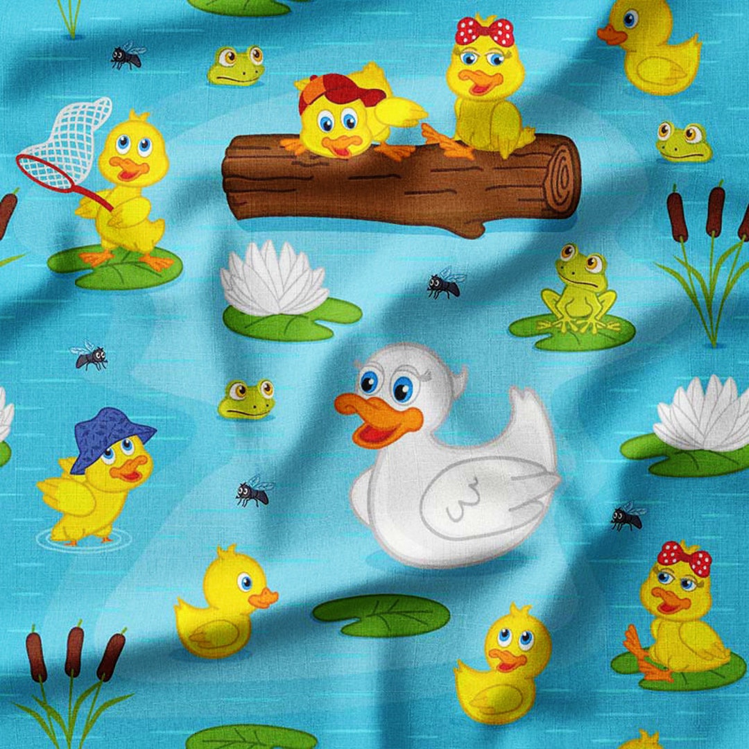 Cute Ducks and Frogs on Blue Pond Cotton Fabric by the Yard – Fun ...