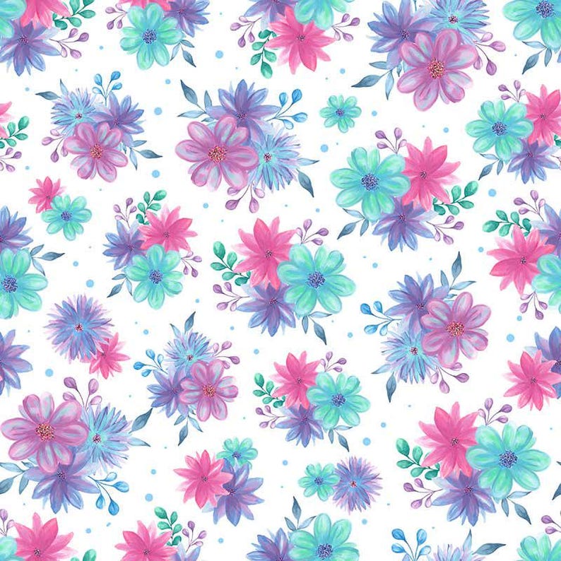 Cotton Fabric by the Yard Bright Floral Pattern in Pink Teal and Purple ...
