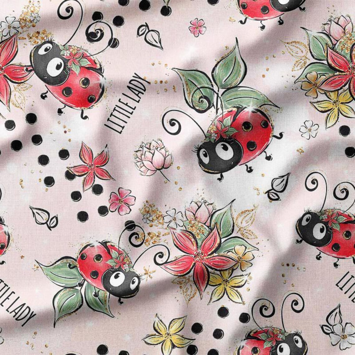 Adorable Ladybugs With Flowers and Polka Dots on Pink Cotton Fabric by ...