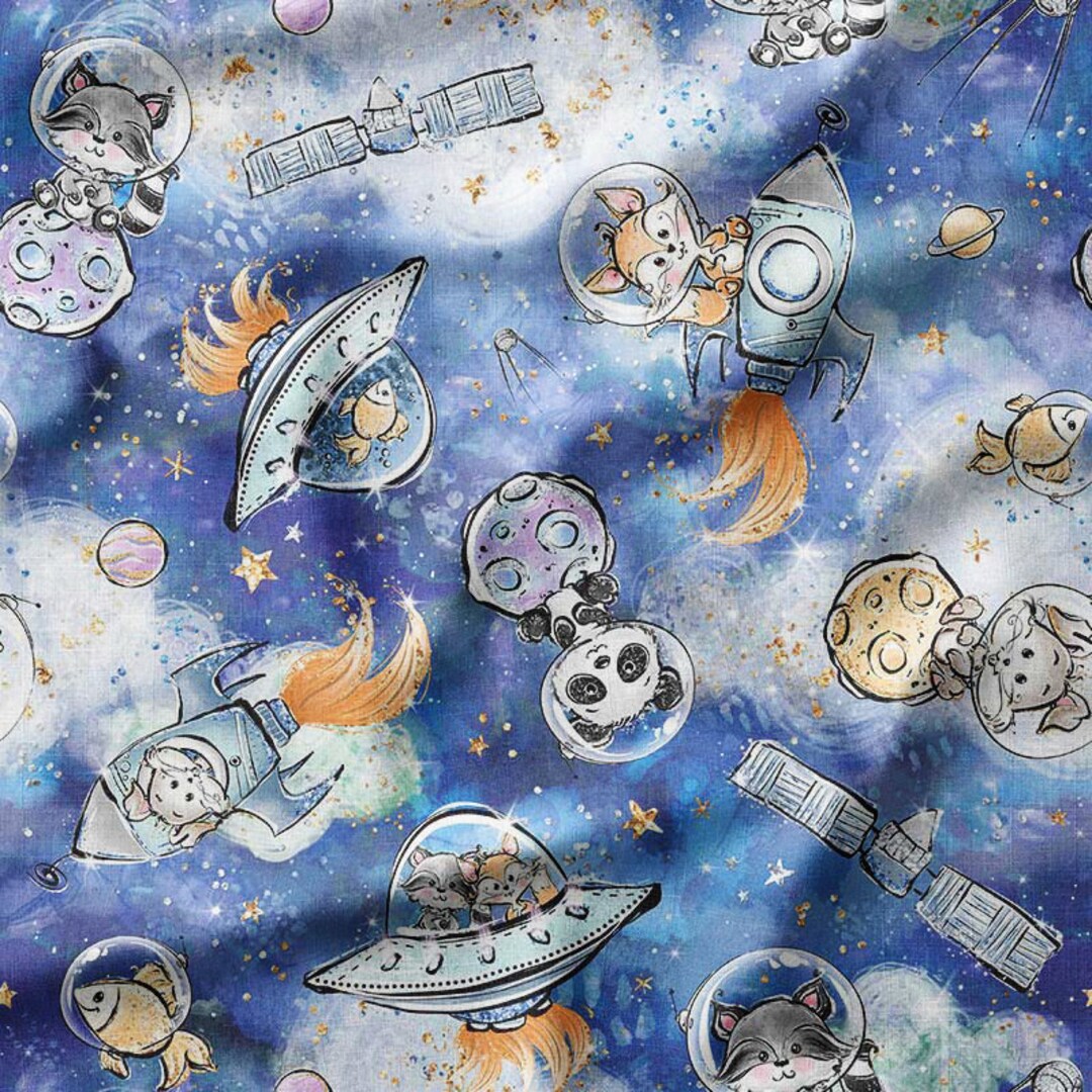 Galactic Animals Cotton Fabric by the Yard Cute Astronaut Animals and ...